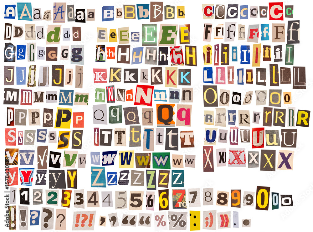 Collage of cut-out letters, numbers, and symbols on white. Stock Photo ...