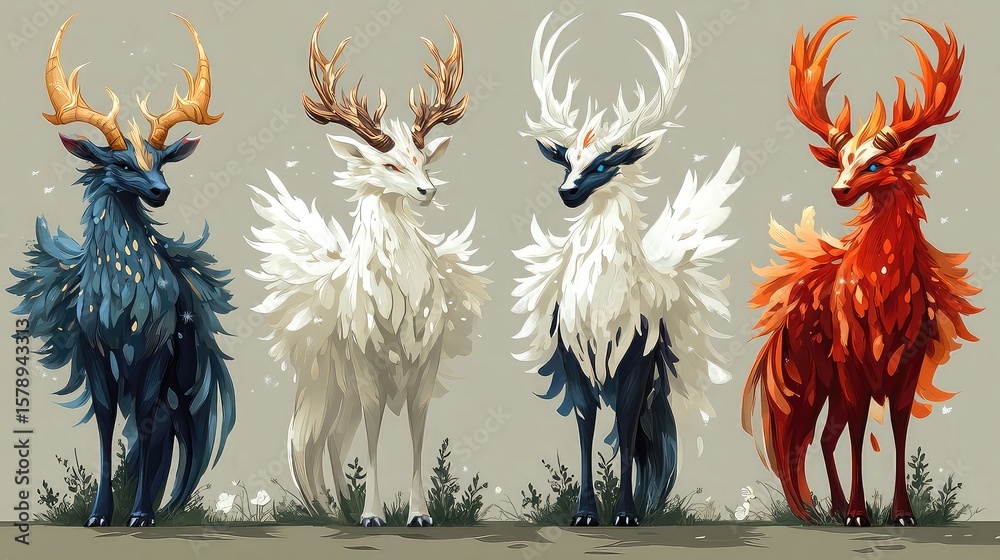 Mythical creatures illustrated with fantasy-inspired elements, horns ...