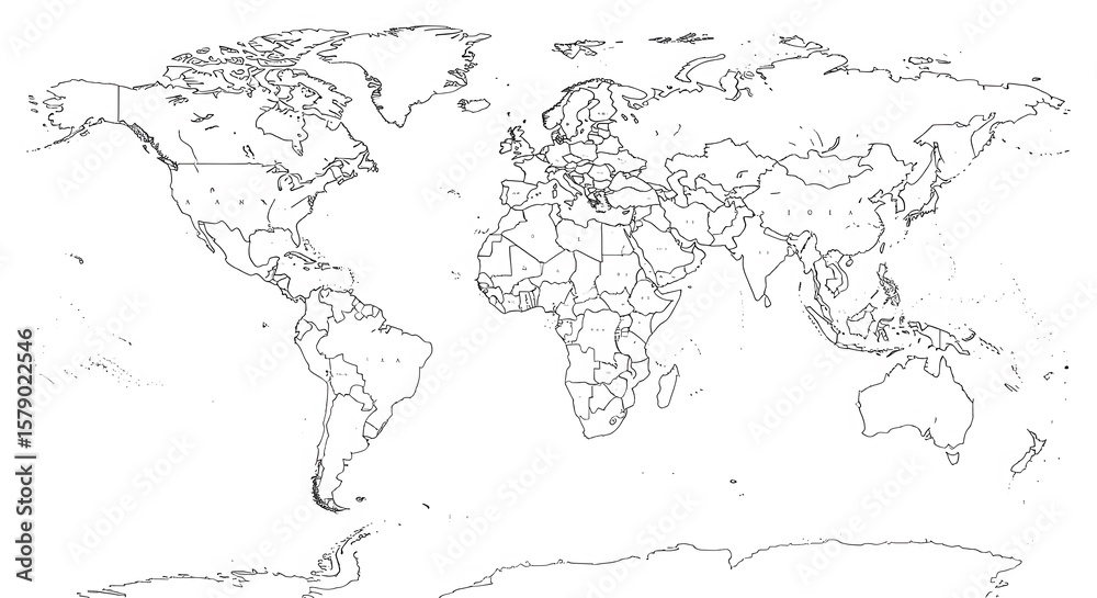 Detailed Black and White World Map Outline with Country Borders and ...