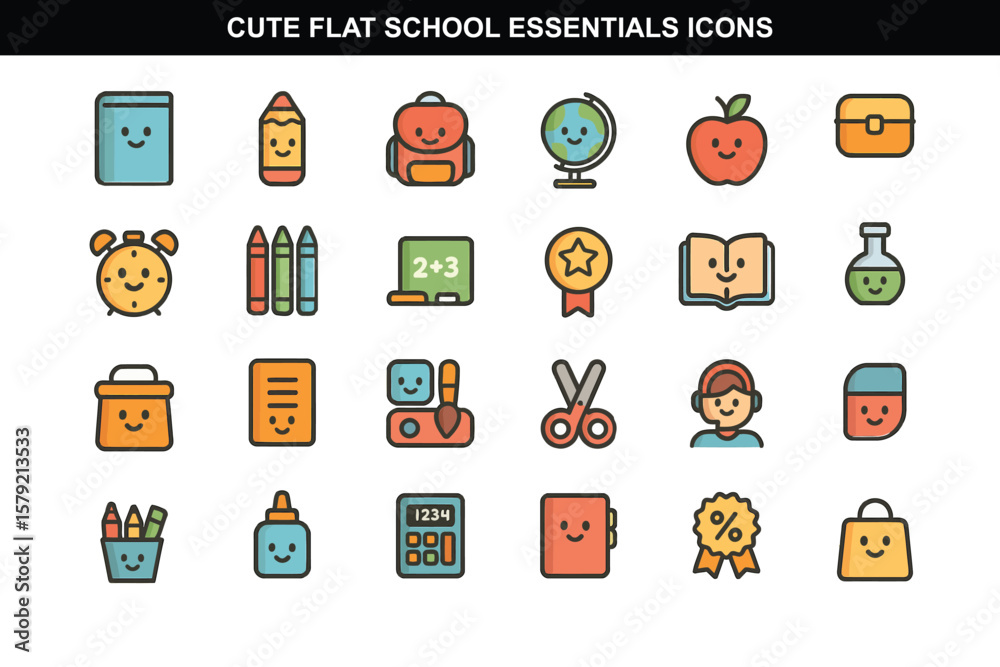 Cute Flat School Essentials Icons for Kids Learning and Preschool ...