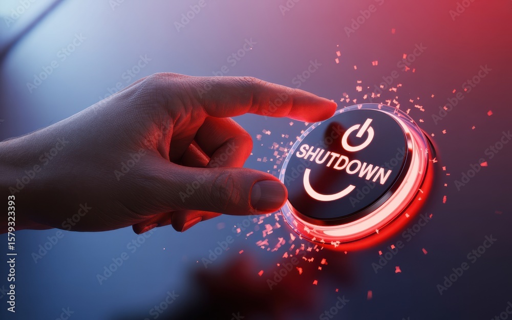 Urgent Shutdown Finger Pressing a Glowing Red Power Button with ...