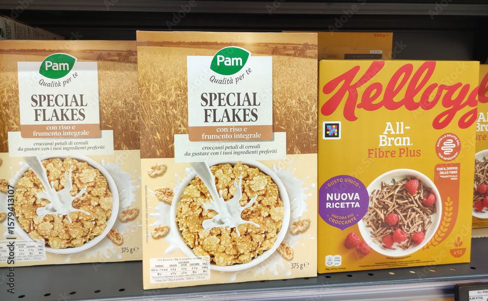 Rome, Italy - July 13, 2025: Pam Special Flakes and Kellogg's All-Bran ...