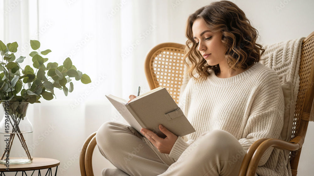 Young woman writing in a notebook while relaxed at home, peaceful and ...