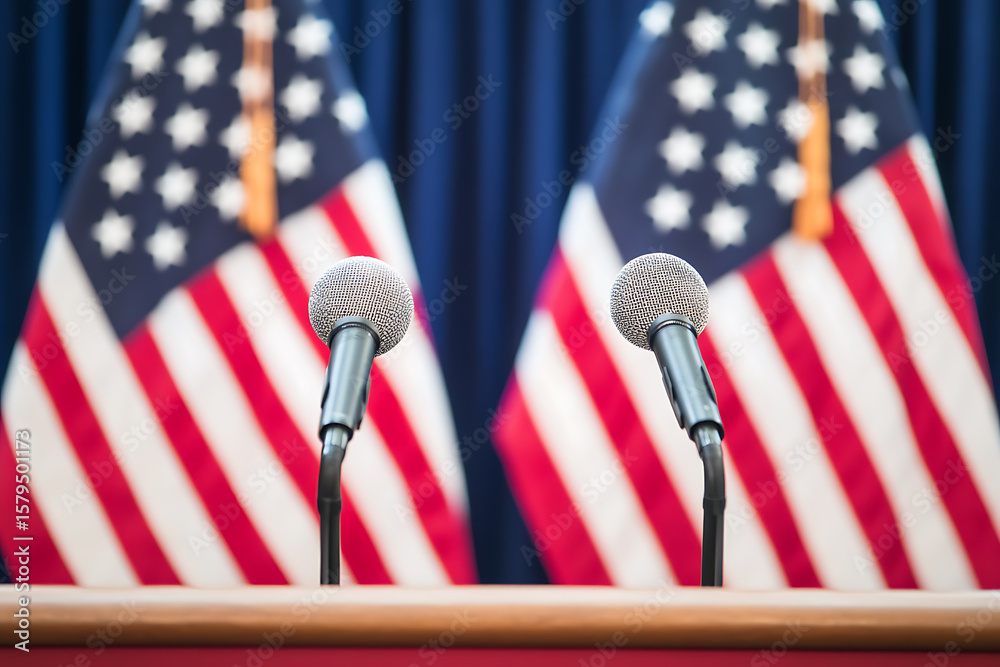Microphones on stage with flags background ready for a press conference ...