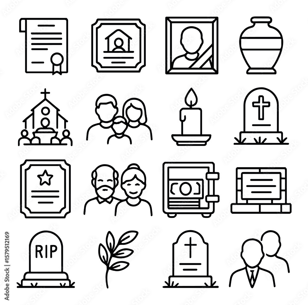 End-of-life planning icon collection, memorial symbols. funeral and ...