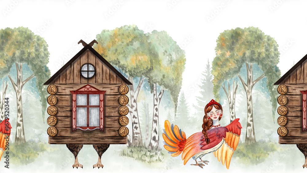 Russian Forest Decorative Seamless Border with Sirin, Baba Yaga hut and ...