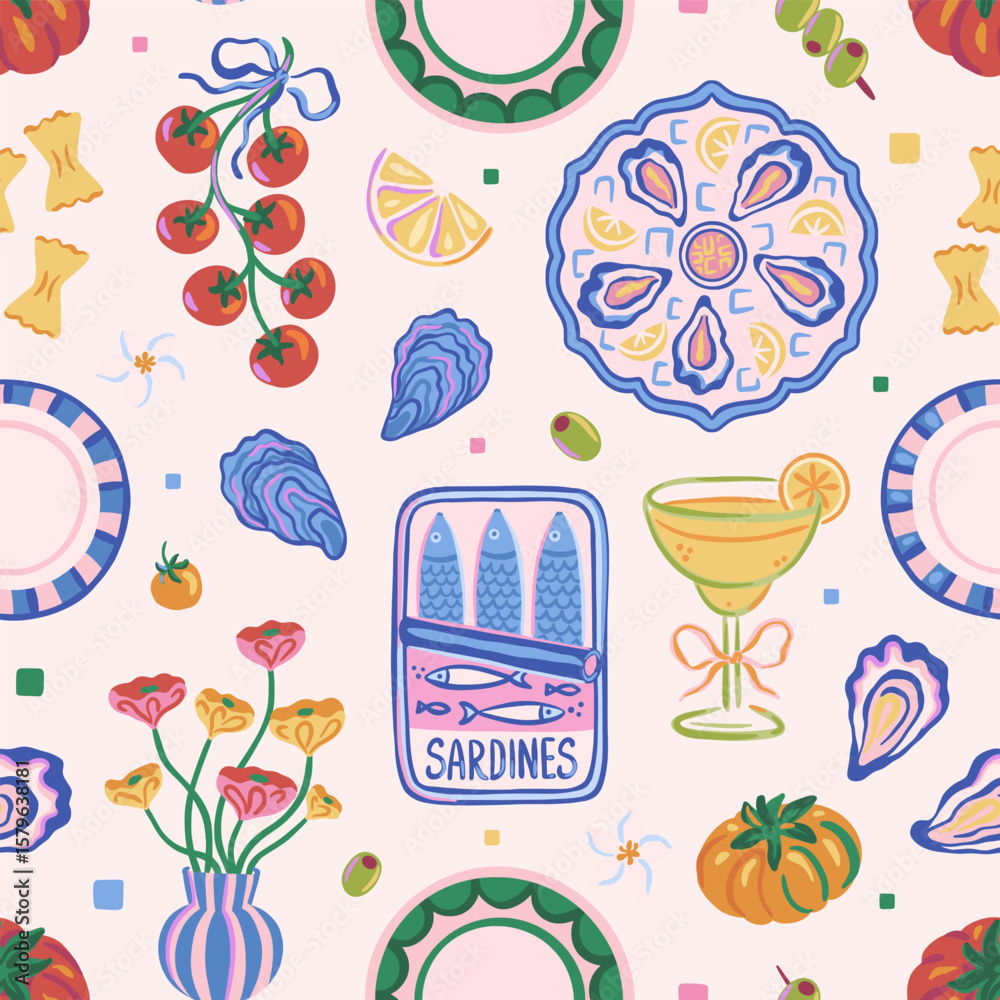 Seamless pattern of sardine tin, oysters, lemons, tomatoes, cocktail ...