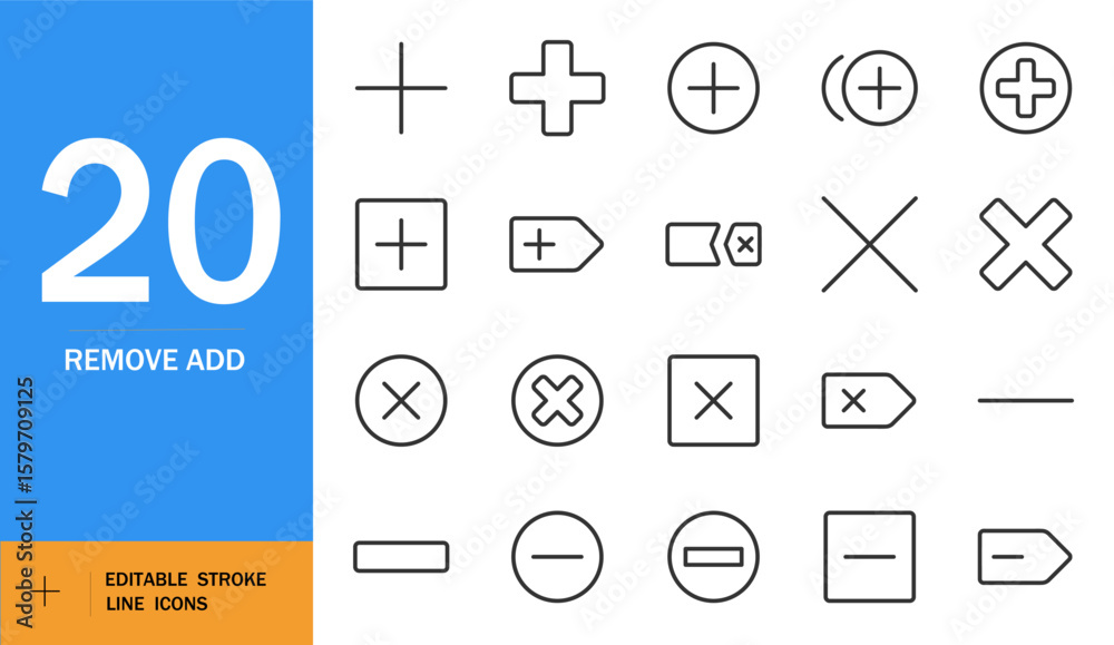 Remove add icon set. Minimal thin line vector symbols. Plus minus sign ...