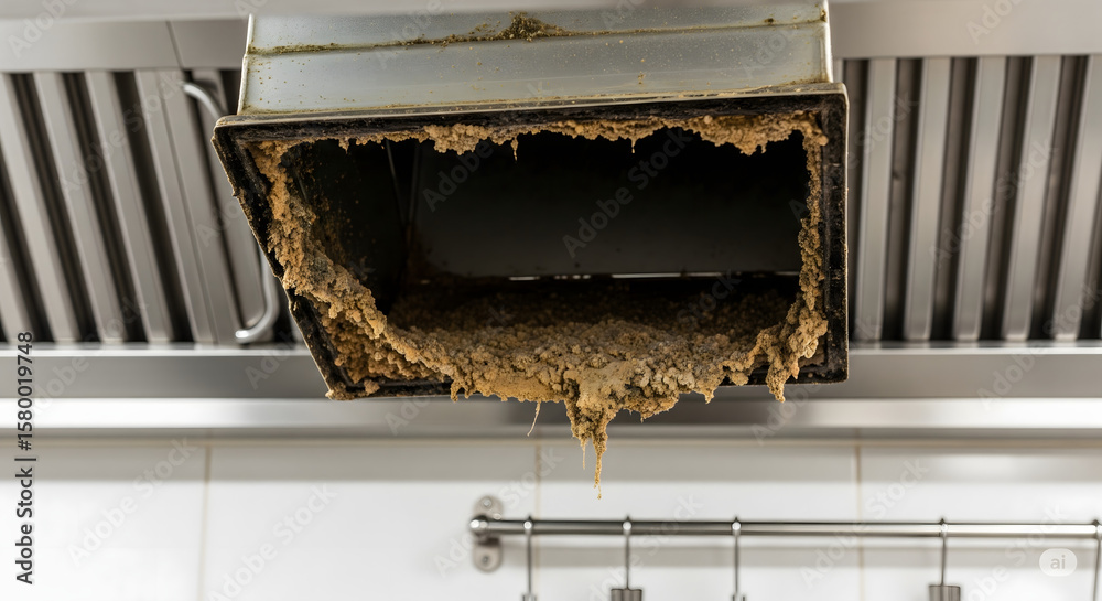 Rusty kitchen exhaust hood dripping greasy residue and grime onto ...