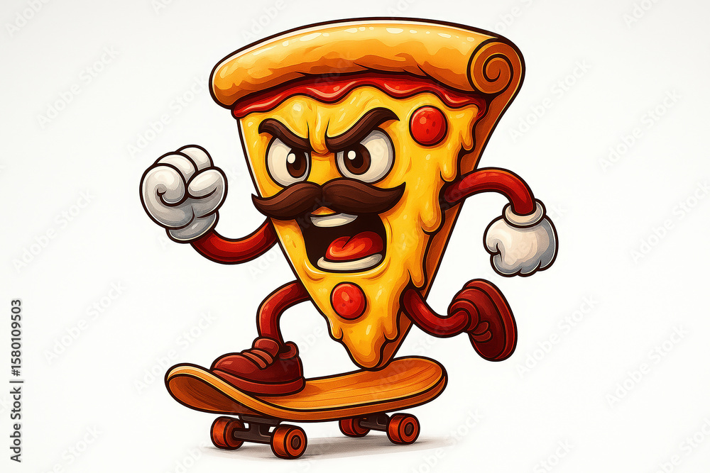 Cartoon Pizza Slice Character on a Skateboard Displaying an Angry ...