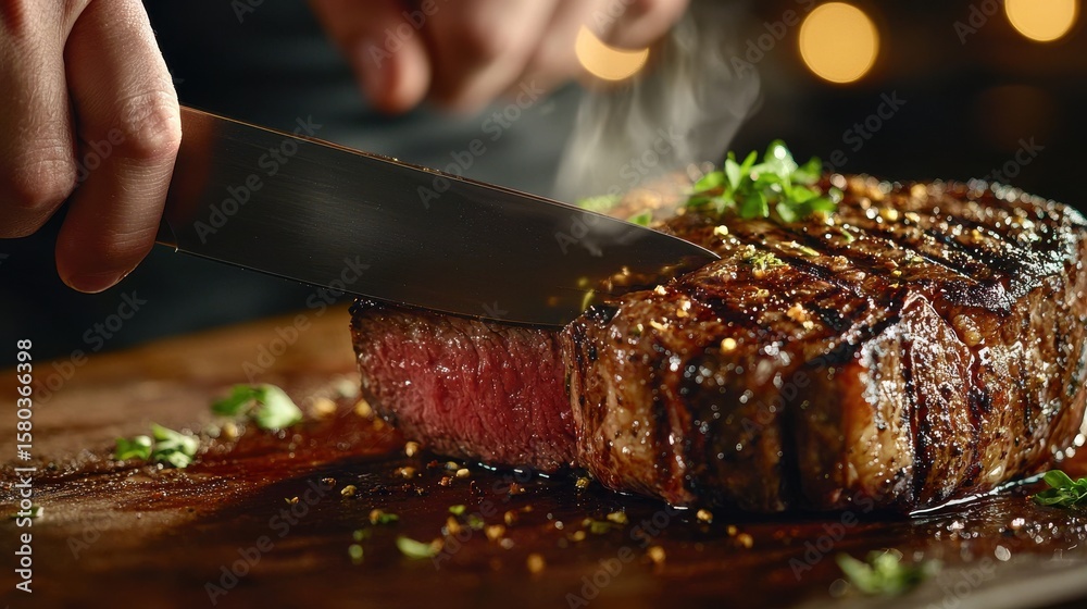 Dry aged beef close up showcasing premium steak being sliced with sharp ...