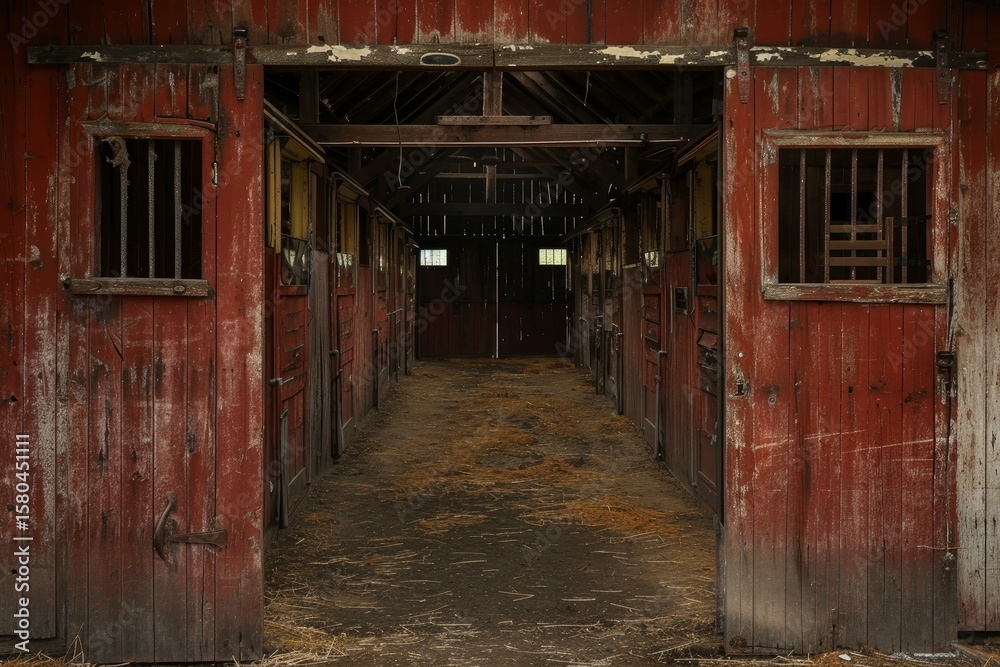 Open doors of an empty horse stable reveals stalls and scattered hay ...