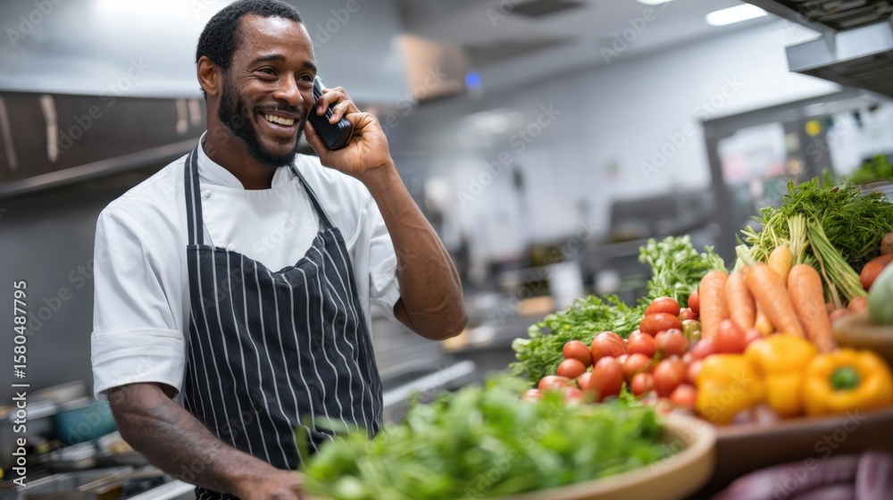 Chef ringing the call bell in the kitchen, preparing to send out a ...
