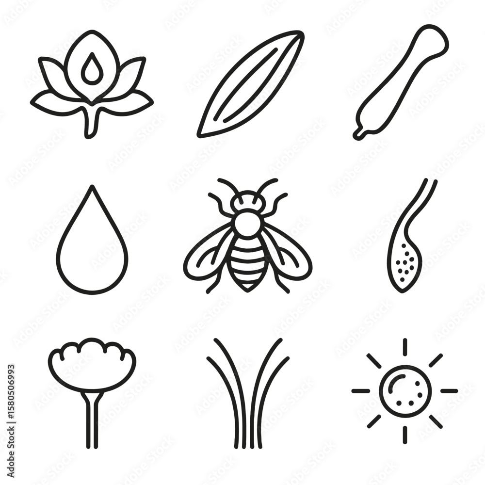 Nectar and Pollination Icons. Outline style icons of Nectar ...