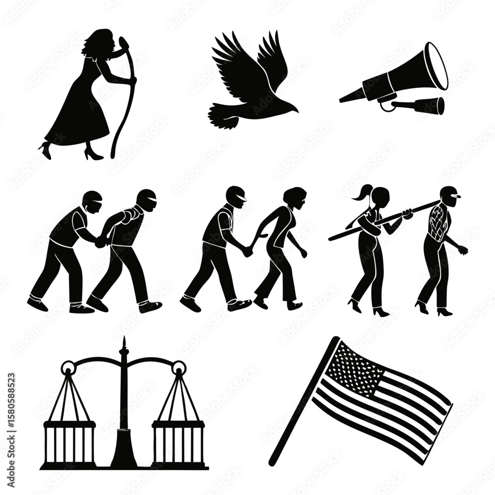 Diverse silhouette icons representing social activism, communication ...