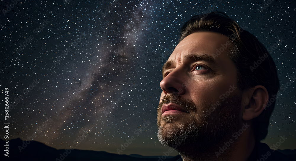 Man and starry night sky close up. Adult male looking up. Cosmic wonder ...