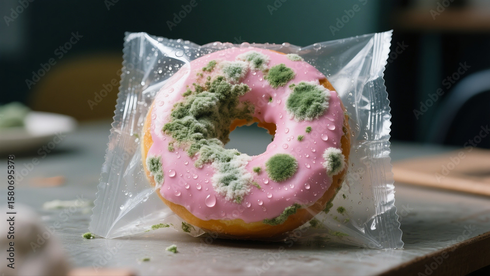 Moldy Pink donut trapped inside clear plastic wrapper with visible ...