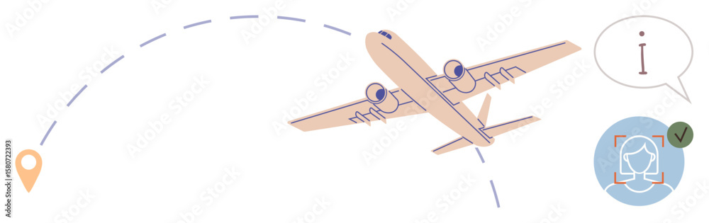 Airplane flying along a dashed path toward location pin, with ...