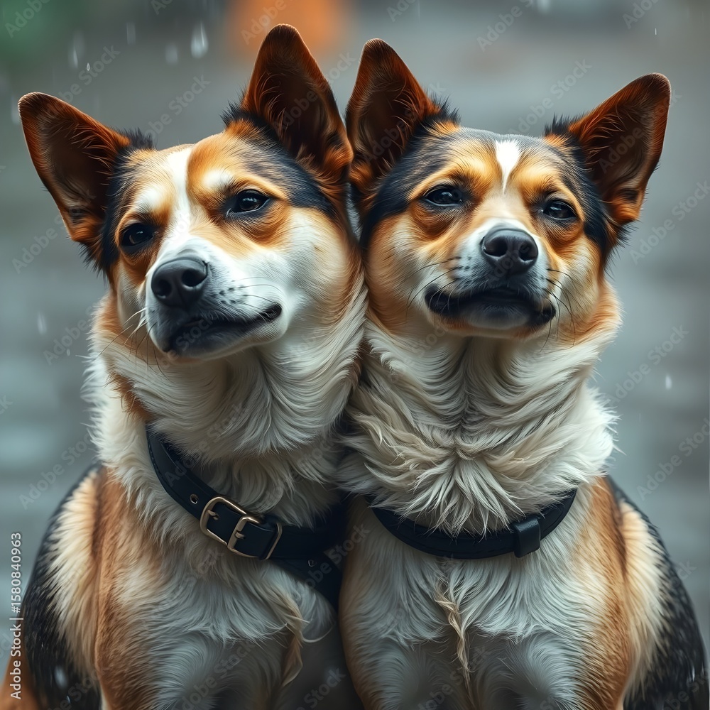 Foto de Stock Stray Dogs Leaning on Each Other in the Rain Description ...