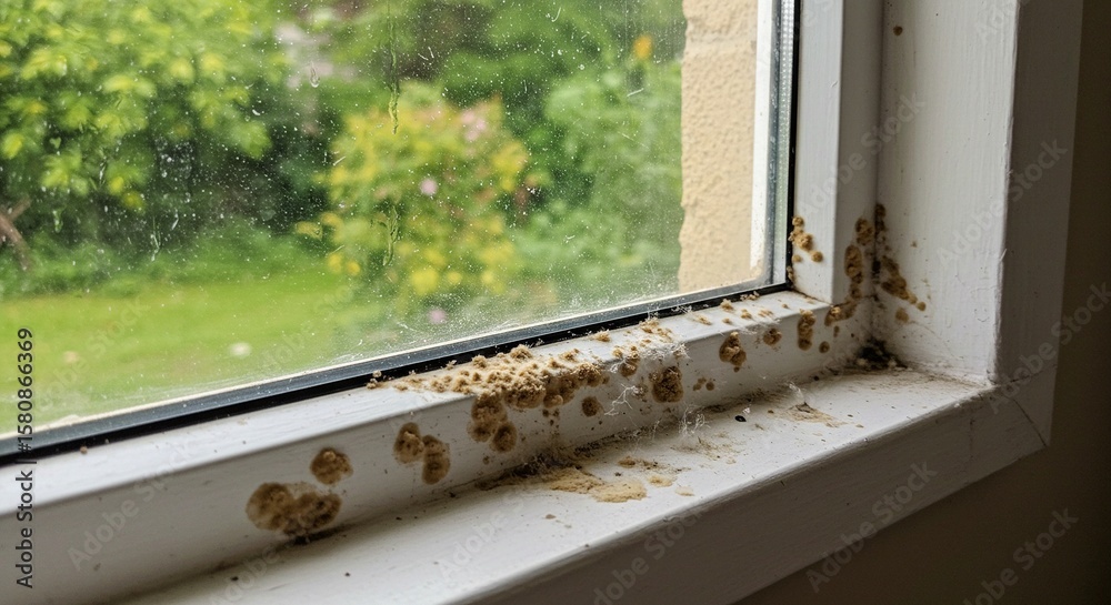 Damp window sill showing signs of mold and rot damage on the window ...