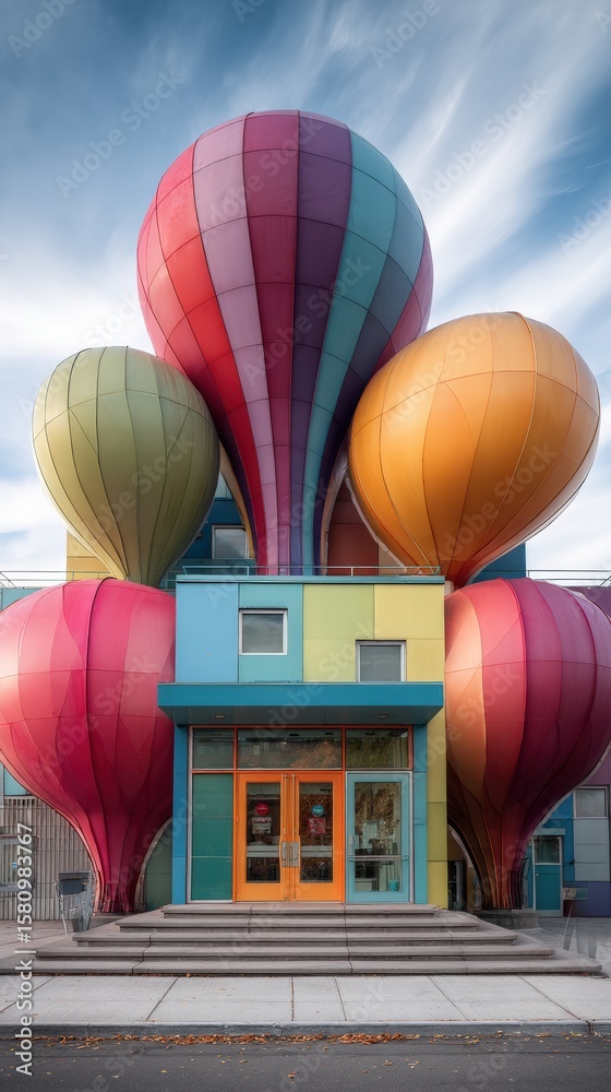 Whimsical building with hot air balloon-shaped structures. Playful ...