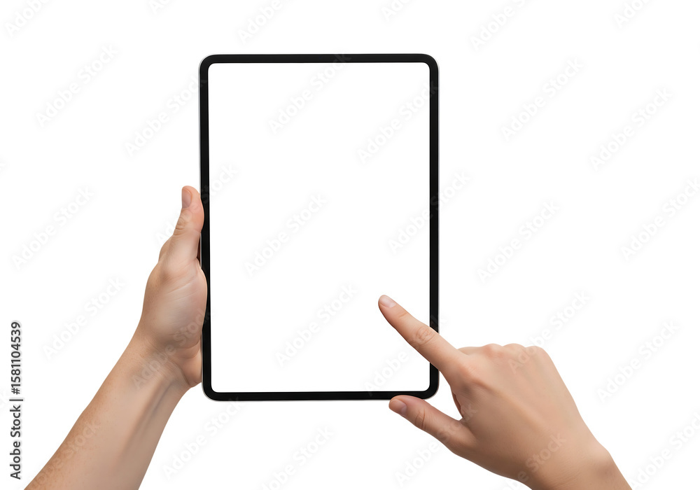 Male hands holding a digital tablet with a blank screen, finger tapping ...