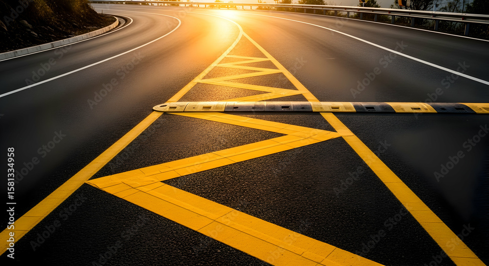 Road safety measure on a curve with yellow chevron markings and speed ...
