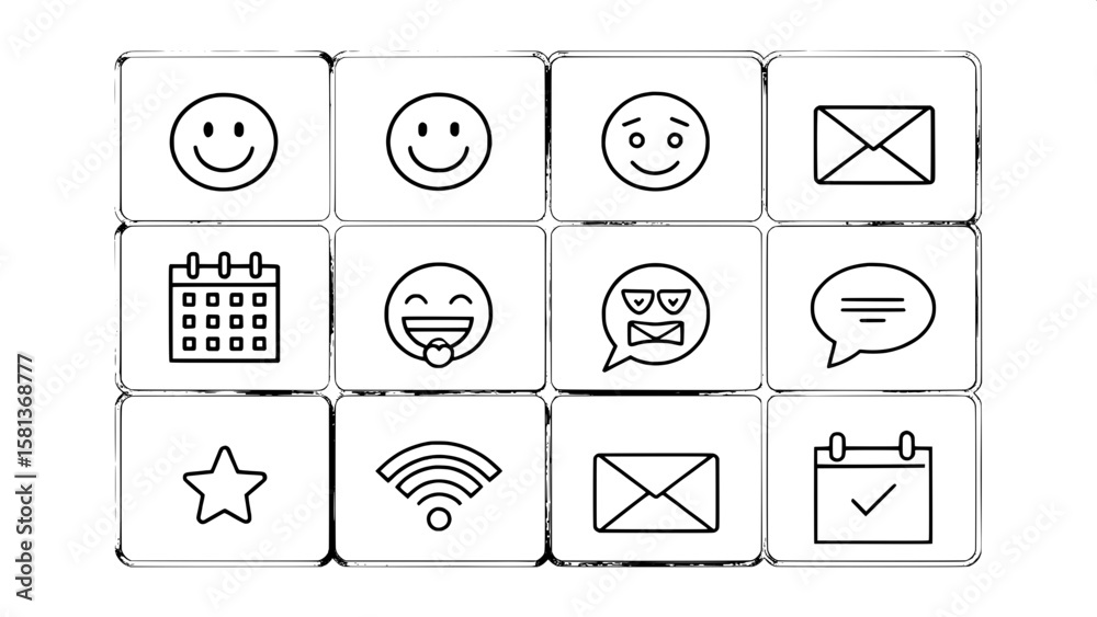 Vetor A minimalist grid of communication symbols in line-art style ...