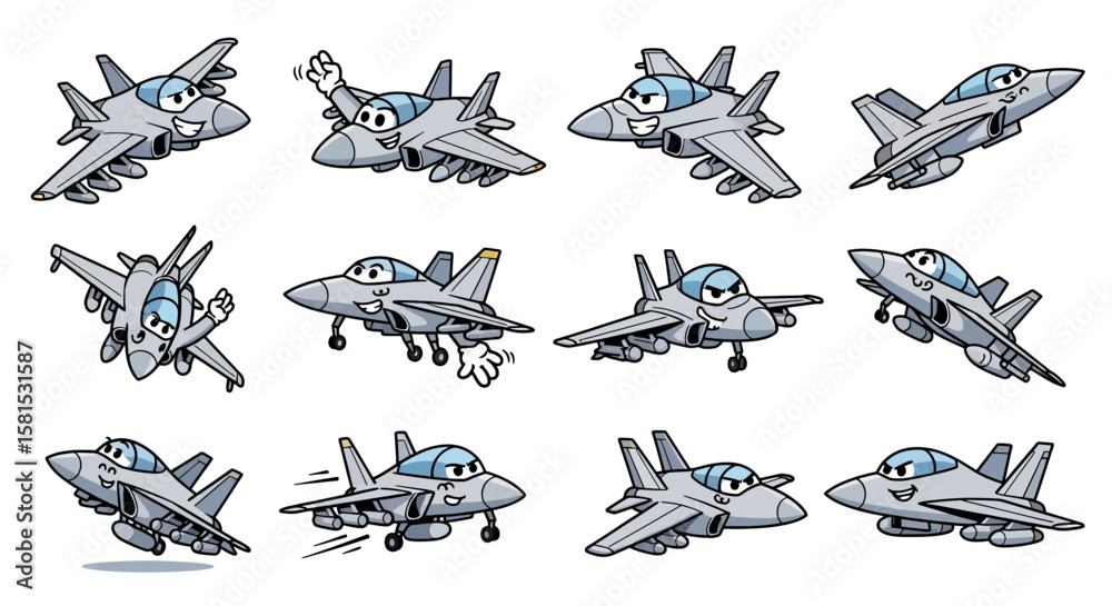 Set of animated fighter jets with facial expressions and dynamic poses ...