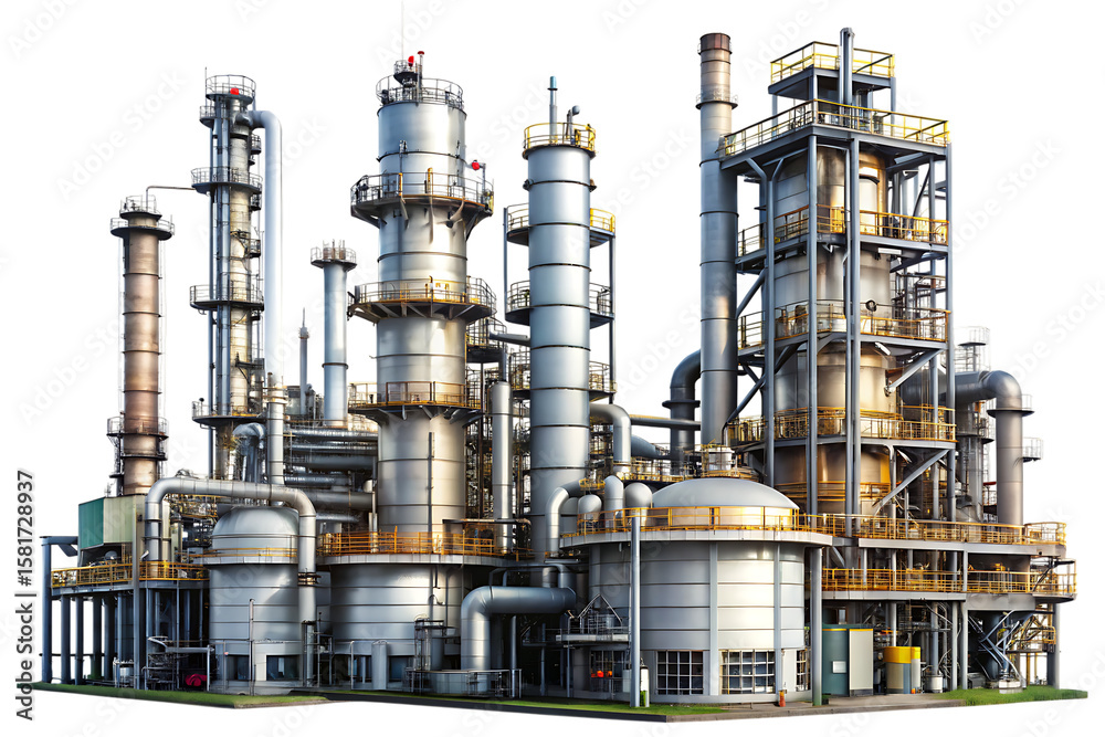 Large industrial chemical processing plant with tall distillation ...