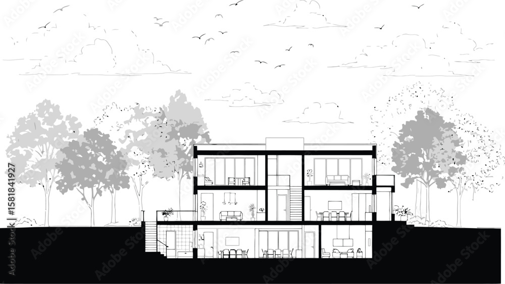 Architectural cross section of a modern lakeside home with multiple ...