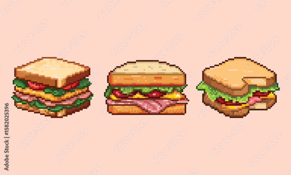 Pixel Art Sandwich Set Retro Deli Food Icons. A delicious set of 8-bit ...