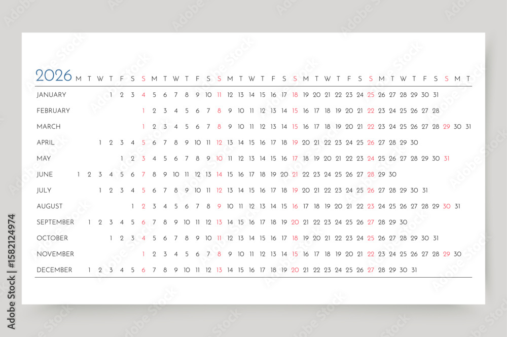 2026 calendar. Linear horizontal planner for year. Yearly calender ...