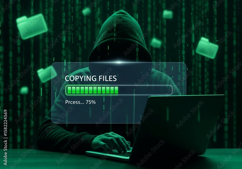 Hacker hands Data transfer File copying process laptop screen ...