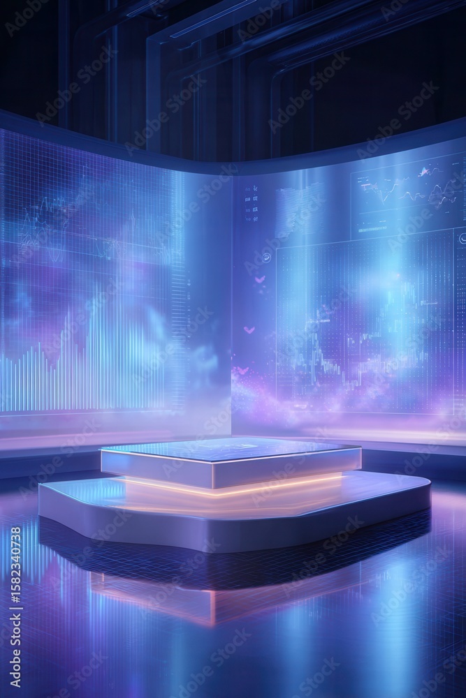 Futuristic podium with glowing lights and virtual graphs in modern ...
