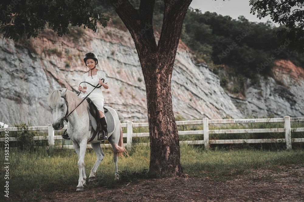 Child Riding White Horse Under Tree in Outdoor Setting Stock Photo ...