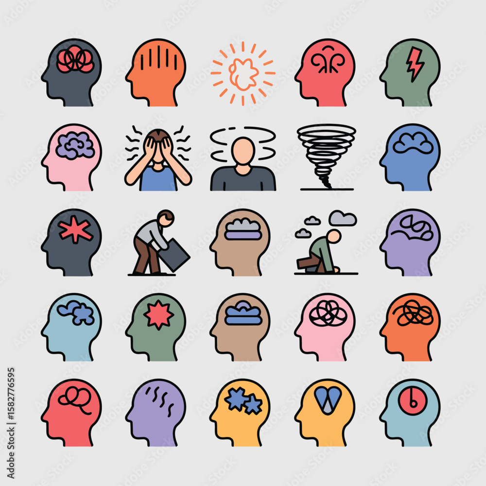 Collection of Twenty Five Colorful Line Art Icons Depicting Diverse ...