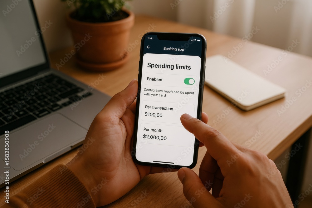 Person using a mobile banking app to set spending limits, ensuring ...