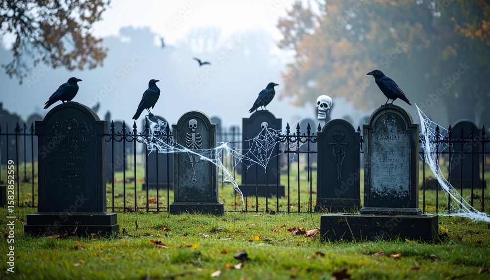Skeleton decorations dancing in wind, cobwebs stretched between fence ...