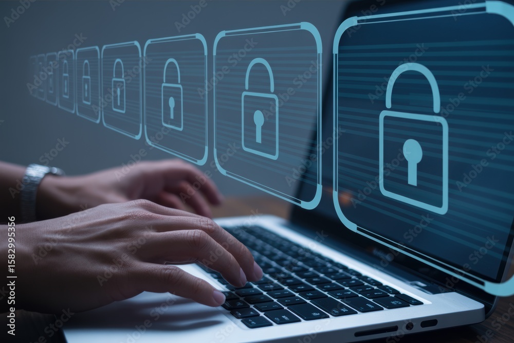 Hands typing on laptop keyboard, multiple digital lock icons hover ...