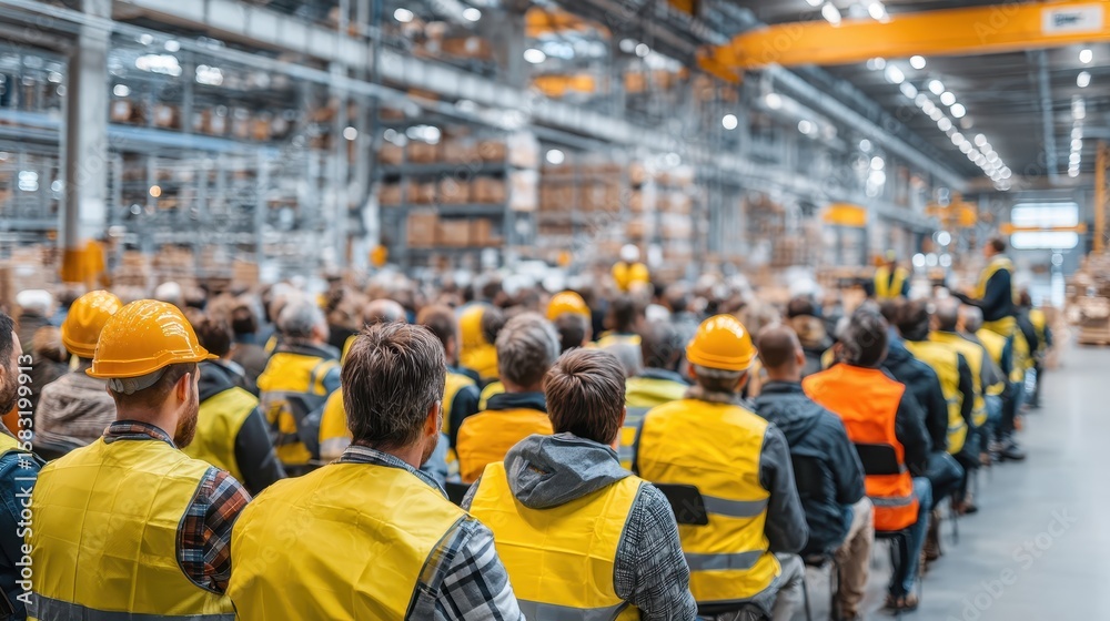Warehouse workers wearing vests attend safety training or a company ...