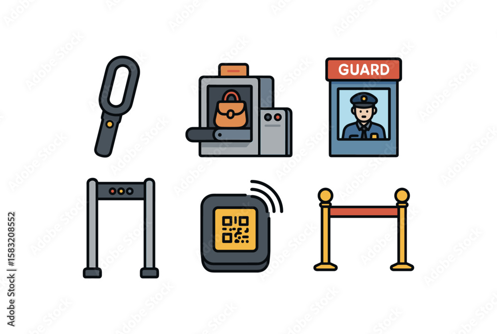 Security check icons set: scanner, metal detector, guard, qr code ...