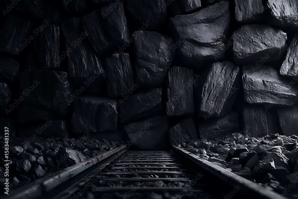 Dark Coal Mine Interior with Black Coal Pile and Metal Rails Leading into Deep Mine Shaft with ...