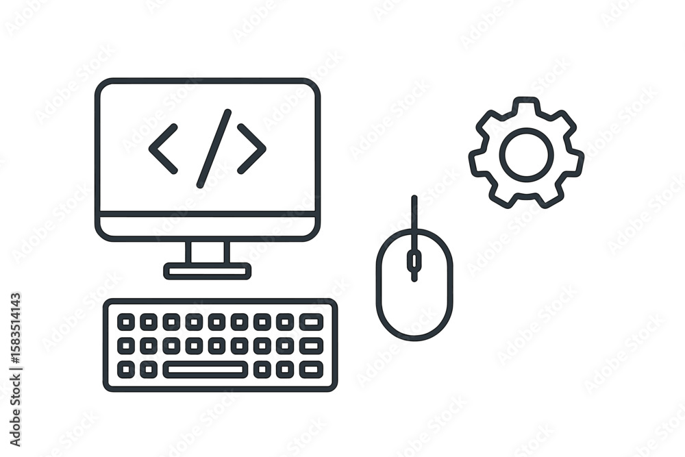 Workspace setup with computer, keyboard, mouse, and gear symbol for ...