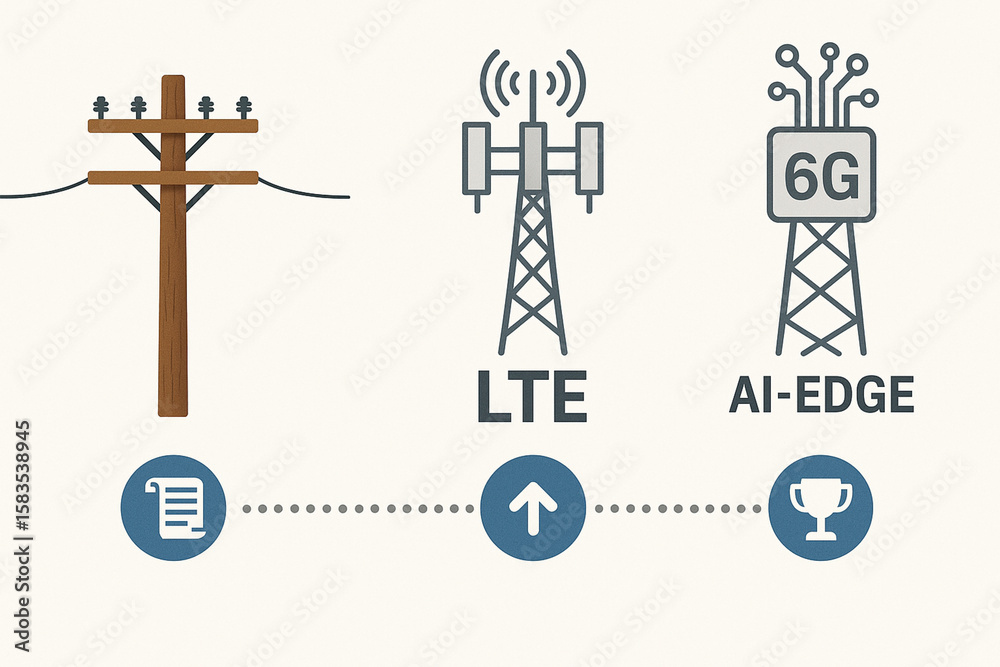 infographic timeline of wooden telegraph pole → LTE tower → 6G AI‑edge ...