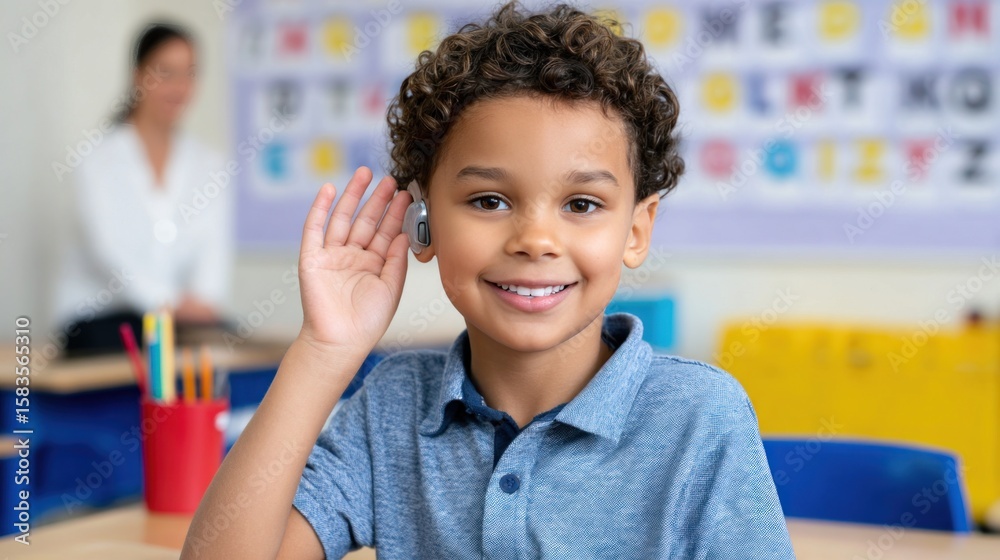 Smiling pupil wearing hearing aid showing listening skills in classroom ...