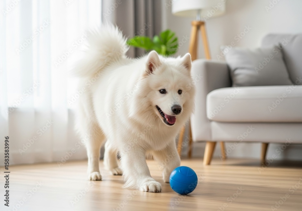 Samoyed Dog Playing with Blue Ball Indoors - Adorable Samoyed dog ...