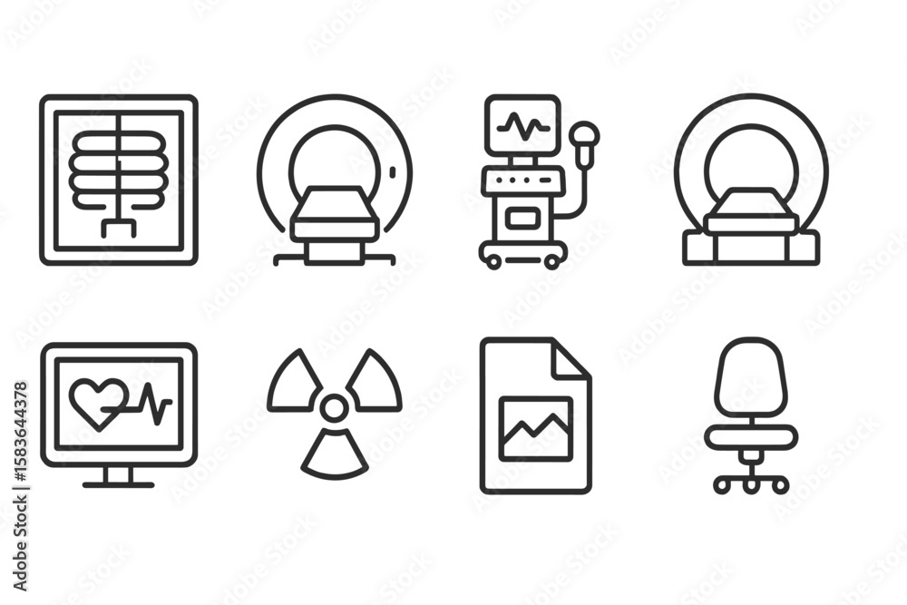 Diagnostic Imaging Icons. Line style icons of diagnostic imaging: x-ray ...