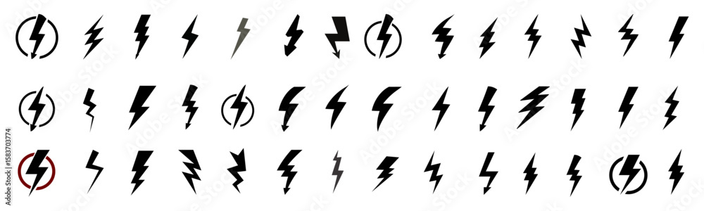 Lightning bolt vector icon set, black lightning icon designs on white ...