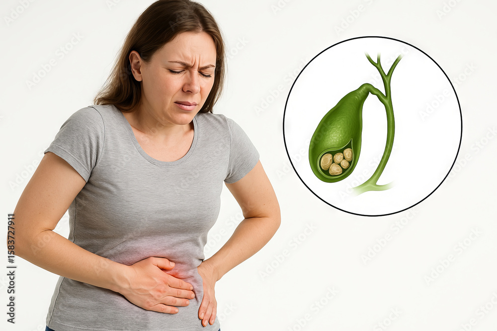 Woman experiencing pain in right side with illustration of gallbladder ...